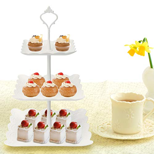 Coitak 3 Tier Cupcake Stand, Plastic Tiered Serving Stand, Square Dessert Tray for Tea Party, Baby Shower and Wedding (Pure White)