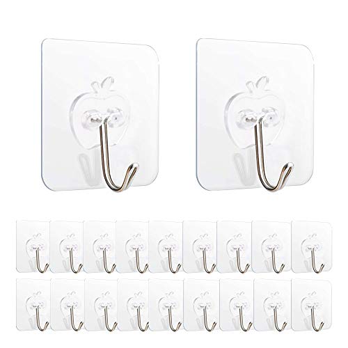 20PCS Wall Hooks - Adhesive Hooks - 15lb(Max) Heavy Duty Adhesive Hooks, Command Hooks for Hanging, Reusable Sticky Stainless Steel Hook, Waterproof, Apply for Kitchen, Bedroom, Bathroom