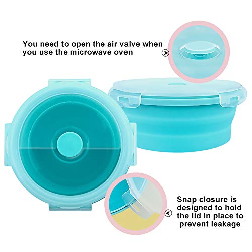 Collapsible Bowls, GLE2016 Silicone Collapsible Food Storage Containers with Lids for Camping, Round Silicone Lunch Containers, Microwave, Dishwasher and Freezer Safe (4, Blue)