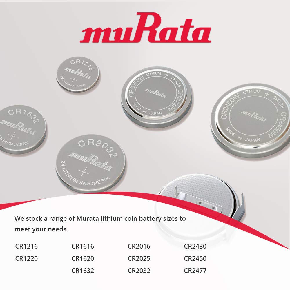 Murata CR2032 Battery DL2032 ECR2032 3V Lithium Coin Cell (100 Batteries)