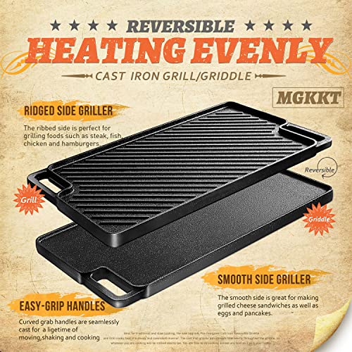 1-Piece 16.50 Inch Cast Iron Griddle Plate | Reversible Pre-Seasoned Cast Iron Grill Pan for Gas Stovetop | Double Sided Used on Open Fire & in Oven | Pre-Coated With Oil