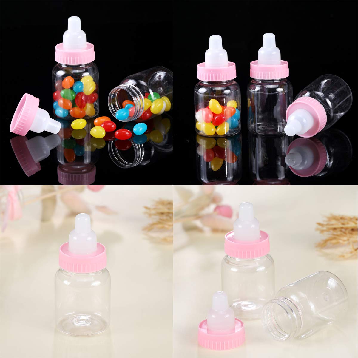 12 Pack Candy Bottles 10 Yards Ribbon and 48 Pack Acrylic Mini Pacifiers for Baby Shower Party Favors Decorations and Supplies by WeddParty (Pink A, 12)