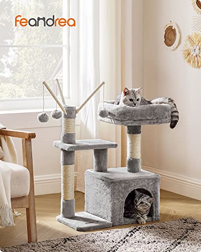 Feandrea Cat Tree, Small Cat Tower with Padded Perch, Cat Cave, 3 Pompoms, Cat Activity Center, Light Gray UPCT121W01