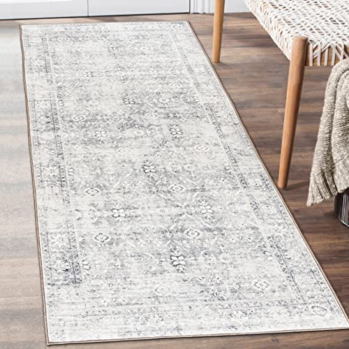 ReaLife Machine Washable Rug - Stain Resistant, Non-Shed - Eco-Friendly, Non-Slip, Family & Pet Friendly - Made from Premium Recycled Fibers - Vintage Distressed Trellis - Silver Ivory, 2'6" x 8'