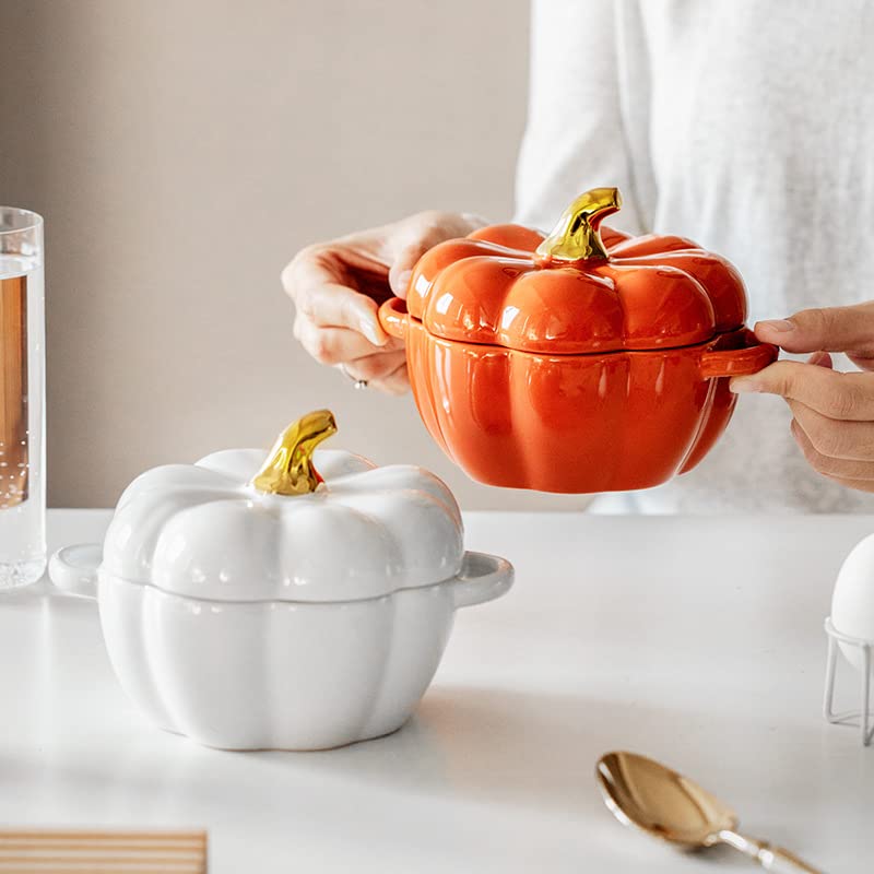 123Arts Ceramic Pumpkin Shape Soup Bowl Salad Bowl Dessert Bowl with Lid and Double Handles