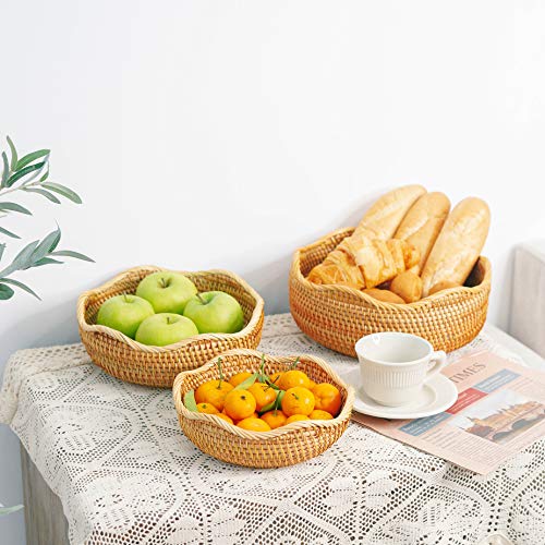 CLAYNIX Woven Fruit Basket For Storage Key Holder Bowl Decorative Wall Bread Vegetable 3 Serving Bowl Set For Organizing Kitchen Natural Rattan Picnic Basket Curve Stackable Set of 3 (Wave)