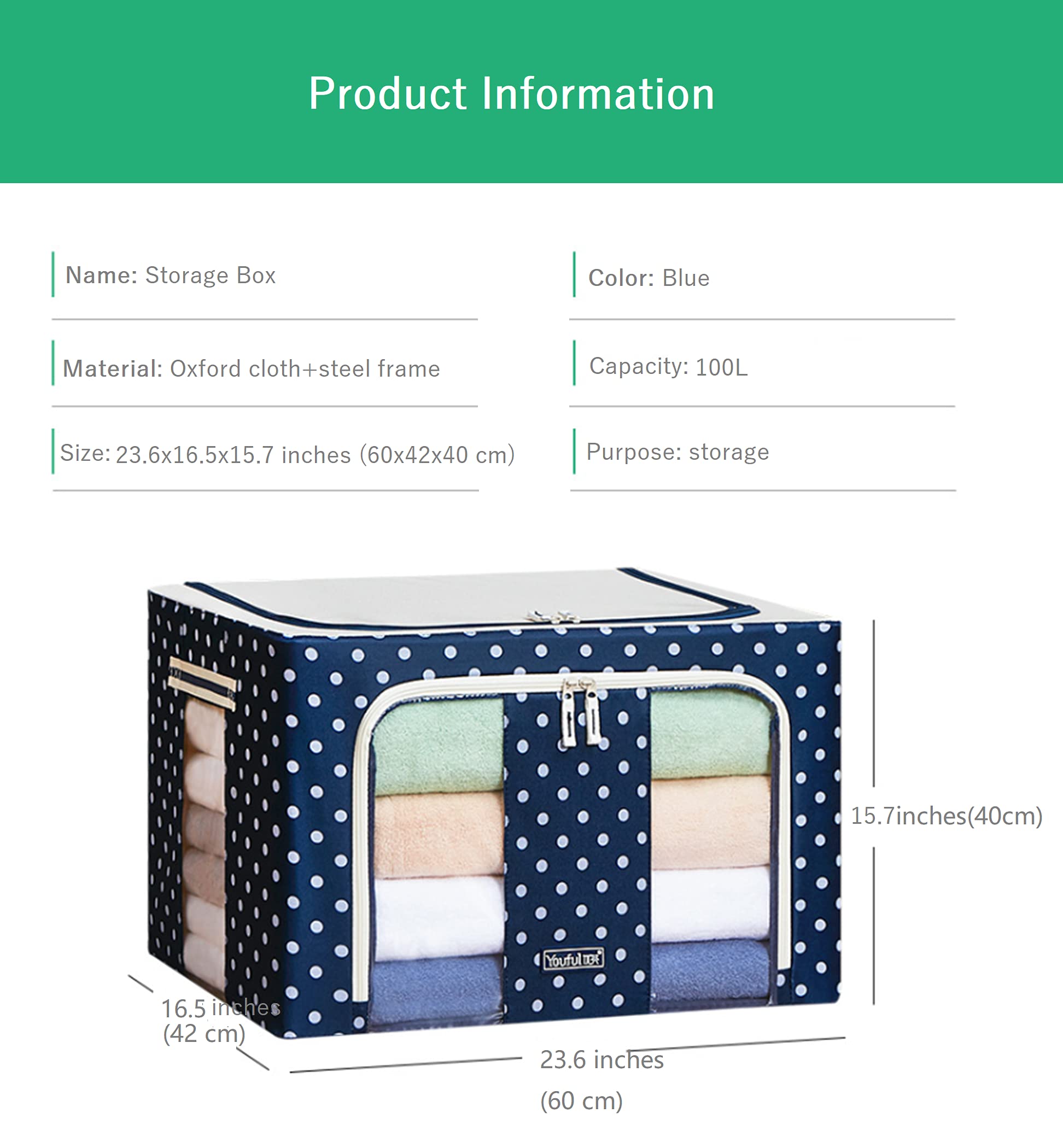 2 Pack 100L Foldable Storage Box with Transparent Double Window, Large Capacity Stackable Clothing Storage Box with Steel Frame and Metal Zipper and Carry Handles (100L, 2xUpgraded Blue Dots)