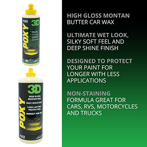 3D Poxy Montan Butter Car Wax β 16oz β High Gloss, Non-Staining Car Wax Sealant with Long Lasting Protection β For Cars, RVs, and Boats β Silky Soft Feel, Deep Shine, Wet Look