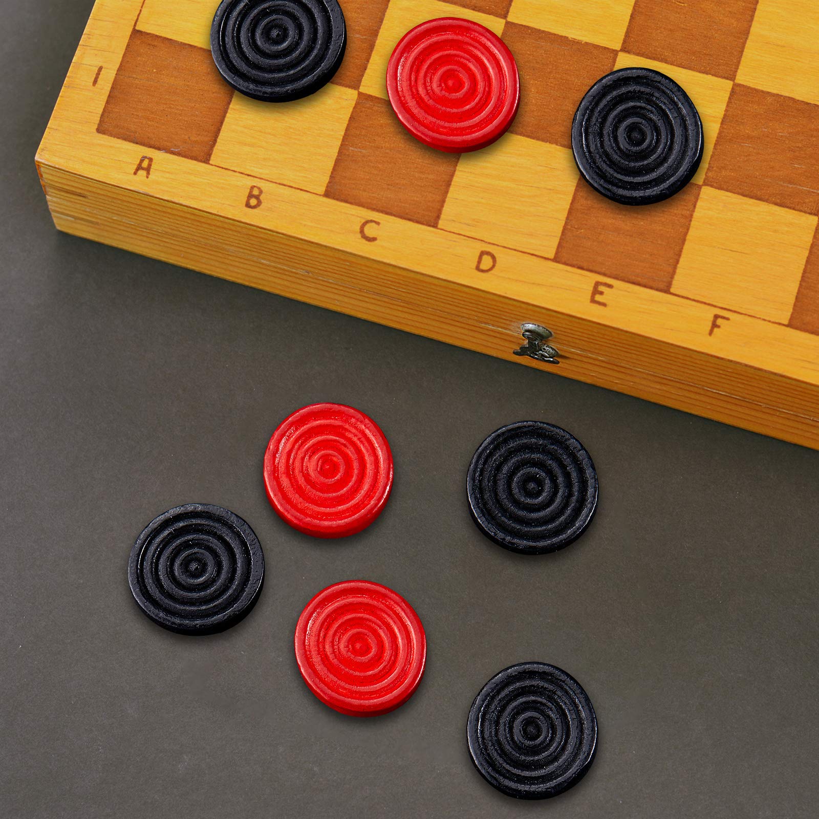 24 Pieces Wooden Checkers 1.06 Inch Checkers Board Game Pieces Stackable Ridge in Drawstring Storage Pouch for Checkers Game, Red and Black
