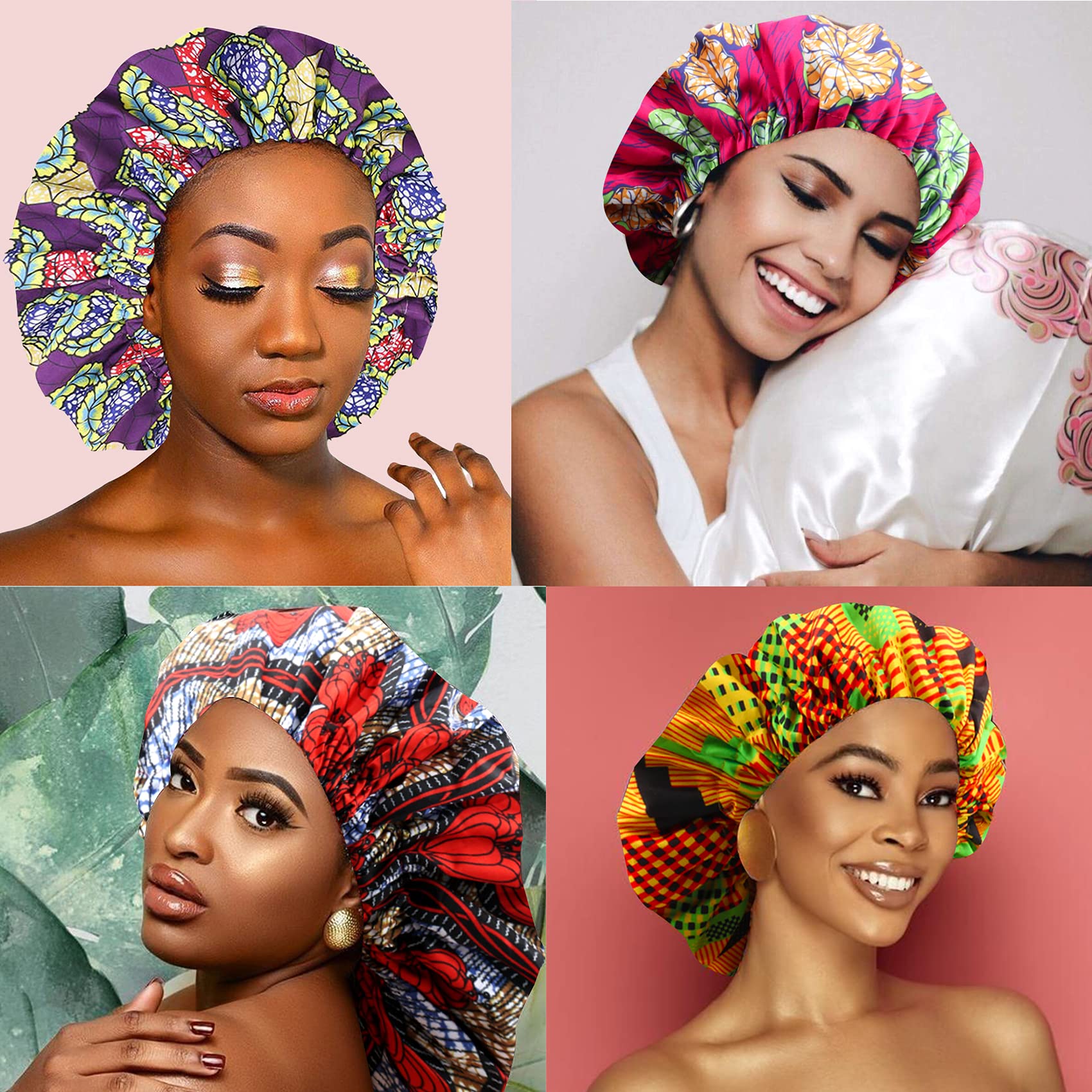 6 Packs Double Layer Satin Bonnet for Women Silk African Print Sleep Cap Head Scarf Large Head Wrap Soft Night Sleeping Hat Adjustable for Long Curly Natural Hair Braids