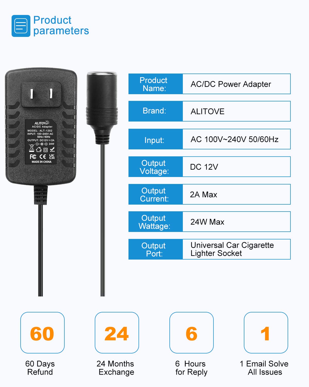 ALITOVE AC to DC Converter 12V 2A 24W Power Supply 110V to 12V Converter AC/DC Adapter with Car Cigarette Lighter Socket 100~240V AC In for Car Shaver MP3/MP4 player Car Dash Cam Bluetooth Transmitter