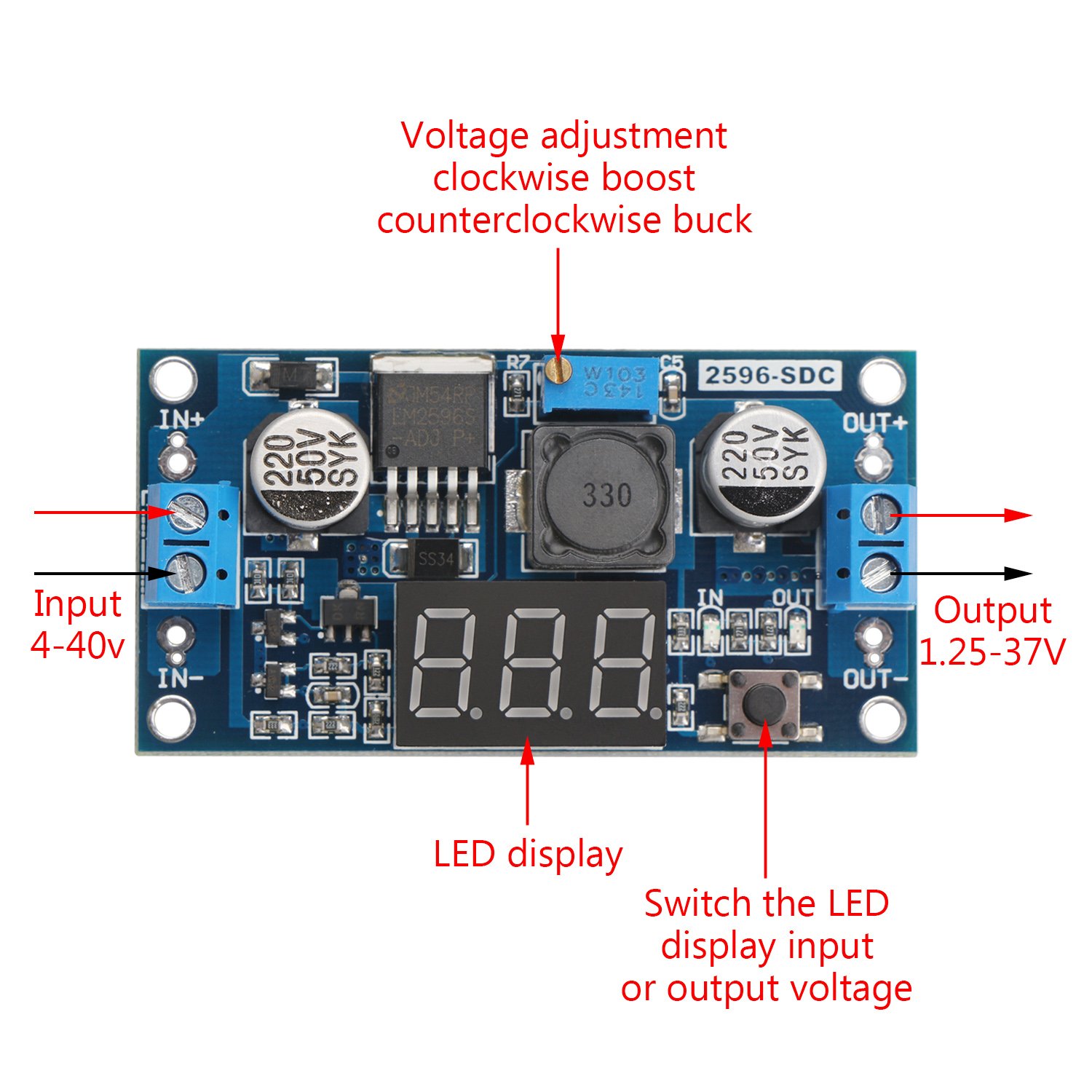 24v to 12v Step Down Converter, DROK LM2596 Analog Control Buck Transformer DC-DC Voltage Reducer Regulator Module 36V 24V 12V to 5V 2A Power Inverter Volt Stabilizer with Red LED Display Voltmeter