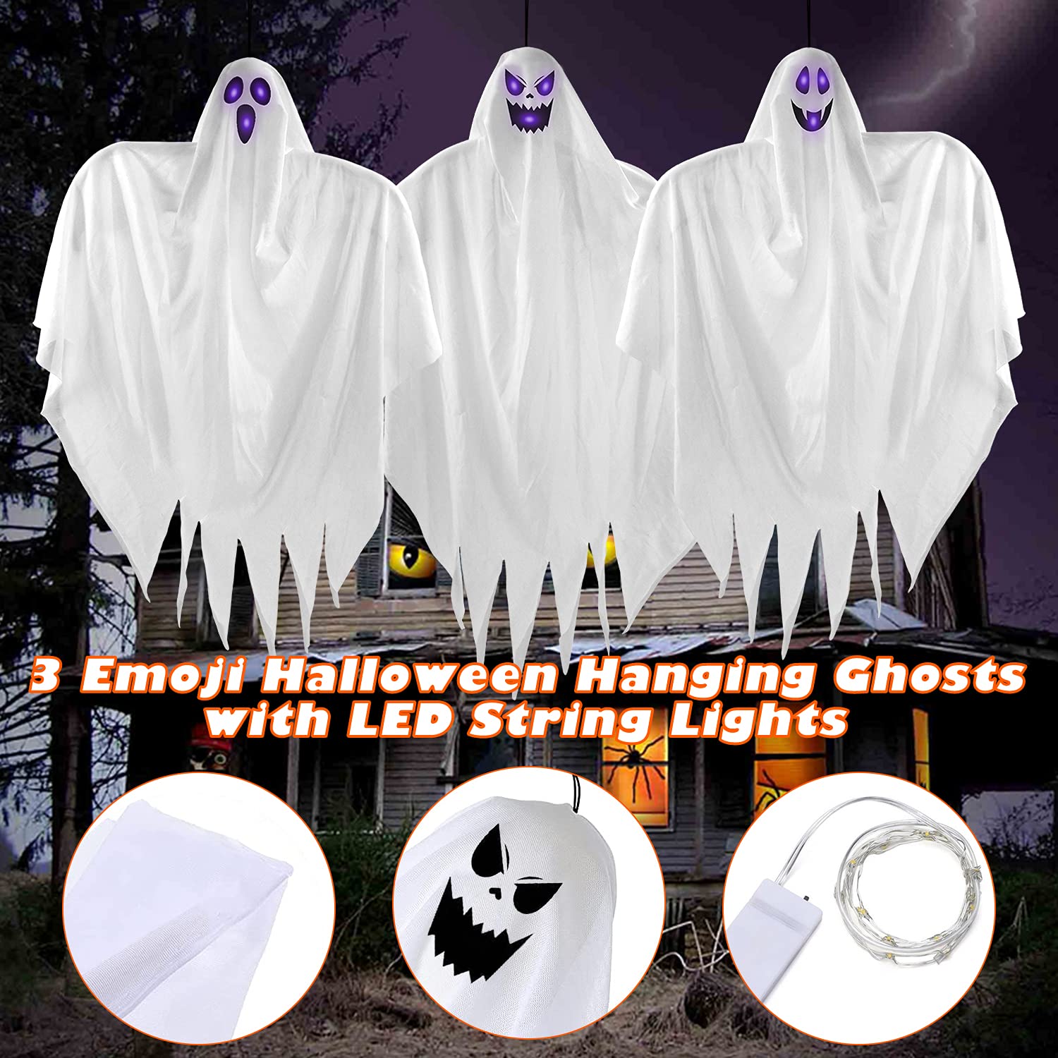 27.5” Halloween Hanging Ghosts Glow in The Dark for Halloween Party Decoration (3 Pack), Cute Flying Ghosts for Front Yard Patio Garden Tree Lawn Party Halloween Holiday Hanging Decorations