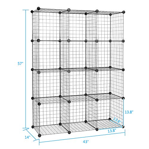 Guilansa Metal Wire 12-Cube Storage,Bookcase, Bookshelf, Storage Cabinet, Wardrobe Closet,Toy Organizer,DIY Closet Cabinet Shelf, Each Cube with 13.8" Sides, Black