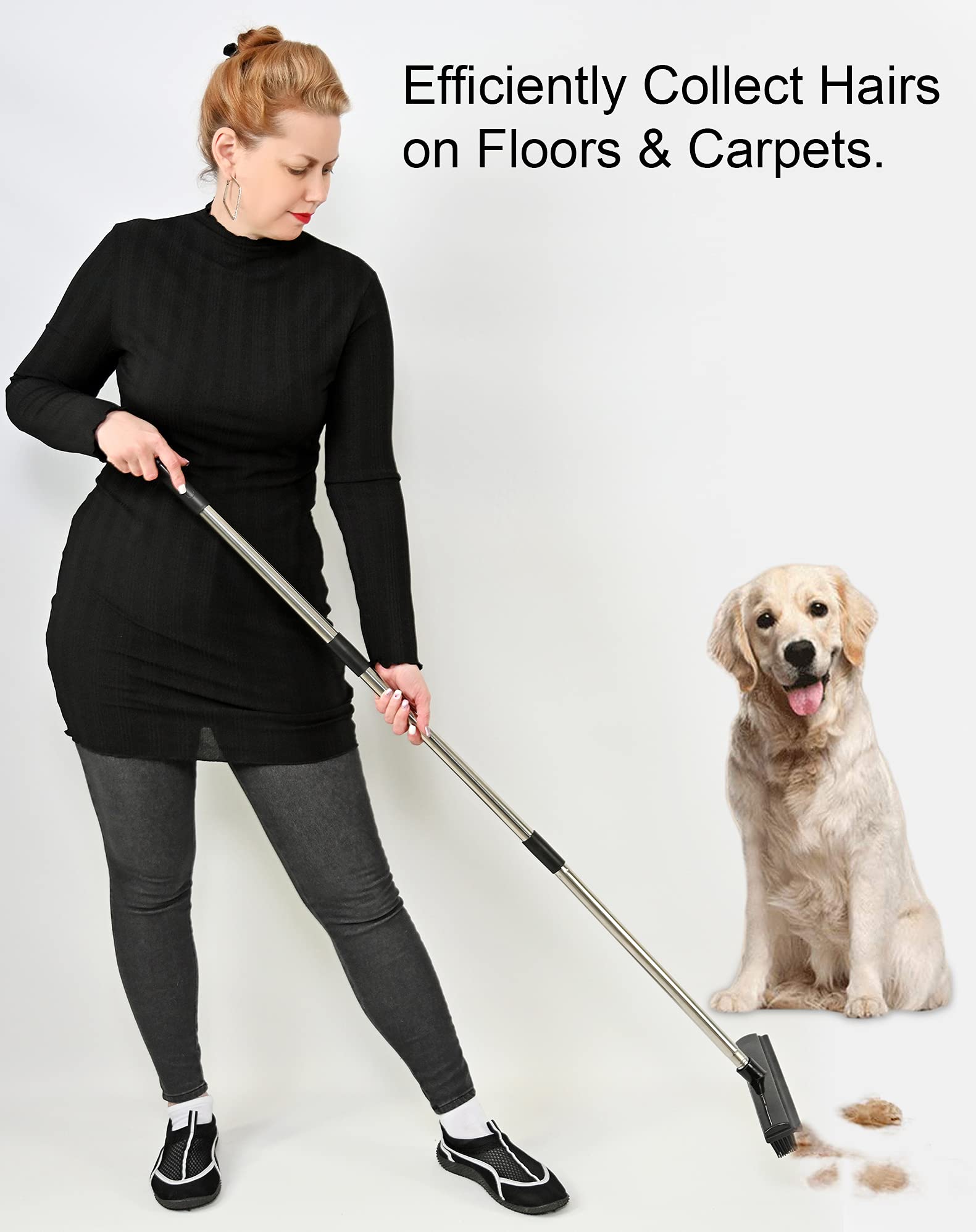 HOME-X Pet Hair Remover Broom, Carpet and Floor Broom, Adjustable Handle Length, Rubber Bristle Sweeper, Long Handled Squeegee, 48 ½” L x 12 ½” W x 2” H