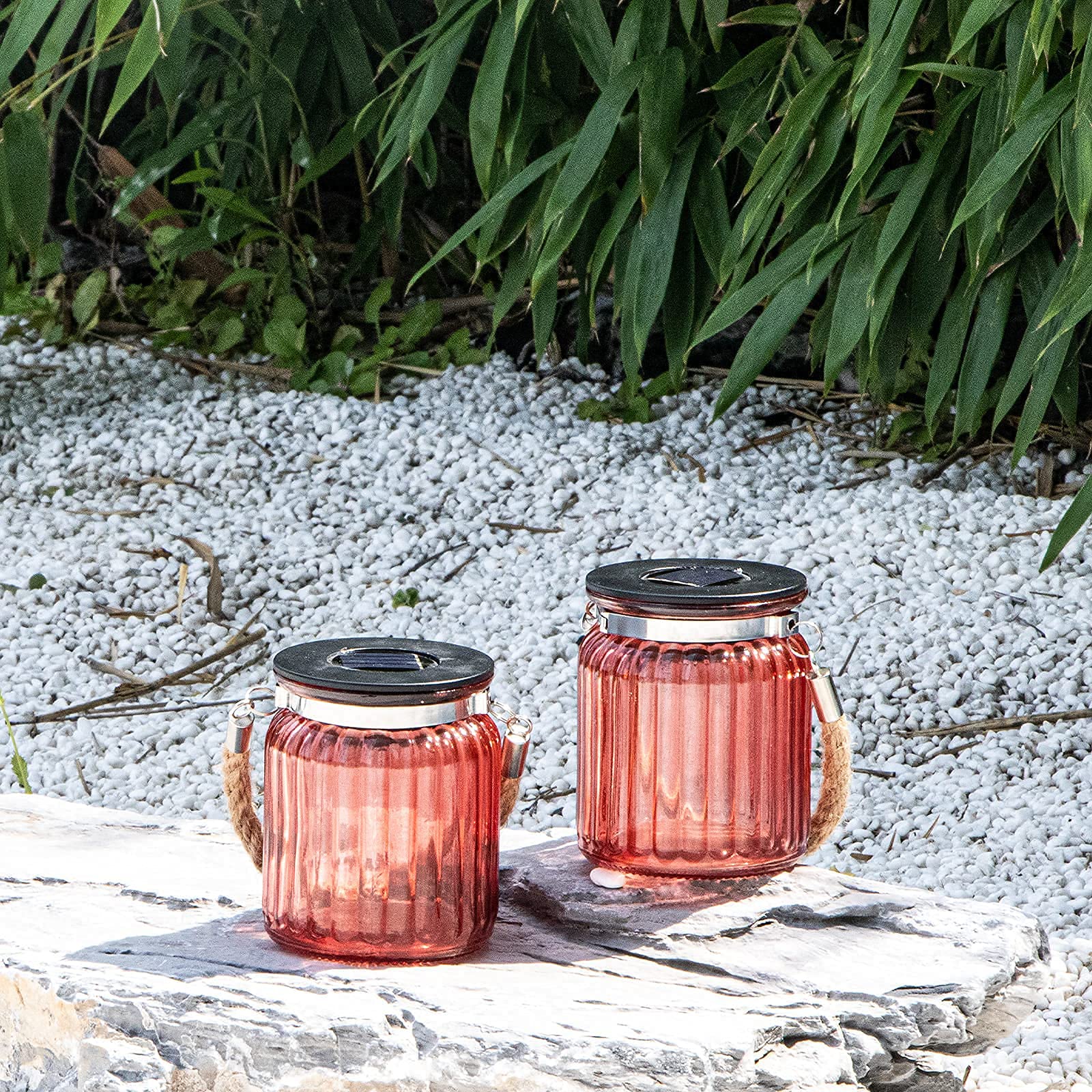 2 Pack Hanging Solar Jar Lanterns - Outdoor Solar Jar Lights Waterproof Decorative LED Lights Red for Patio Yard Garden Party Wedding Decor