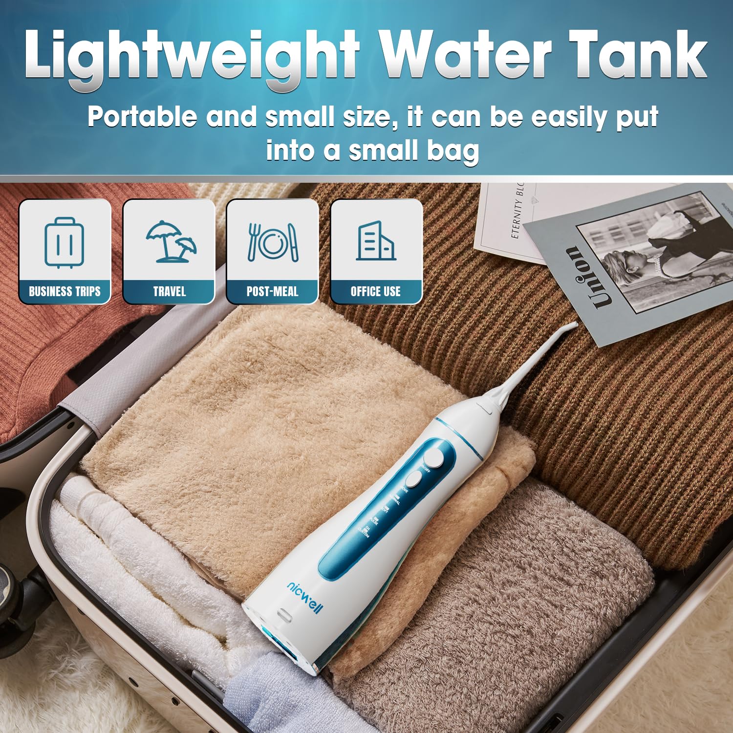 Water Dental Flosser Pick for Teeth: Nicwell 4 Modes Cordless Portable Rechargeable Oral Irrigator IPX7 Waterproof Cleaner Pik Deep Cleaning Flossing Pic Machine for Home Travel