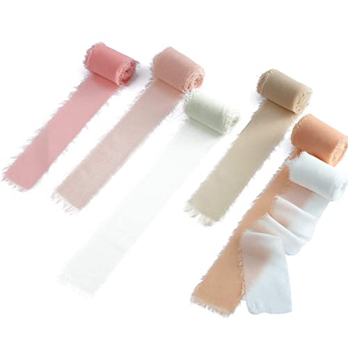 6 Rolls Handmade Fringe Chiffon Silk Ribbon 1.5" x 3 Yd Colorful Ribbon for Wedding Invitations, Bridal Bouquets, Gifts Wrapping, DIY Crafts(Nude Pink Set)