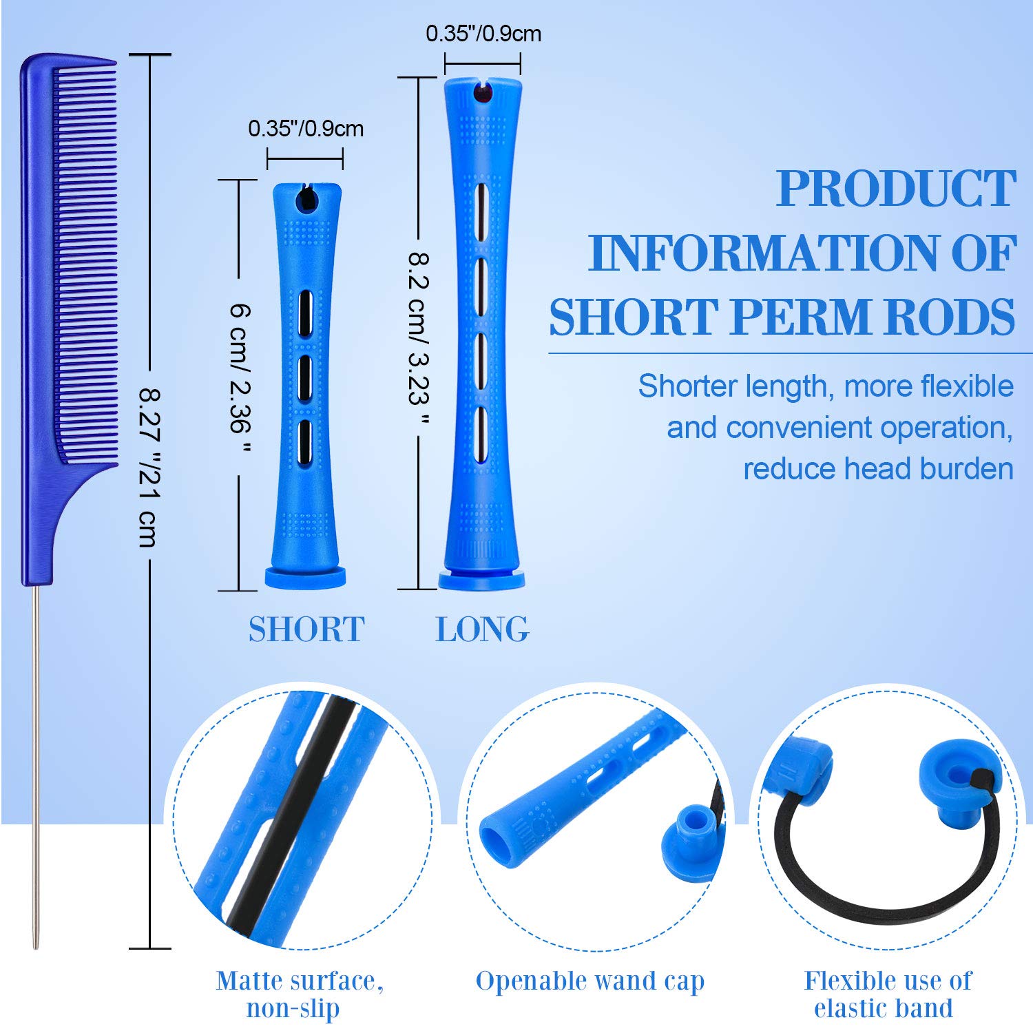 48 Pieces Hair Perm Rods Short Cold Wave Rods Plastic Perming Irons Hair Curling Rollers Curlers with Steel Pintail Comb Rat Tail Comb for Hairdressing Styling Supplies(0.35 Inch,Blue and Dark Blue)