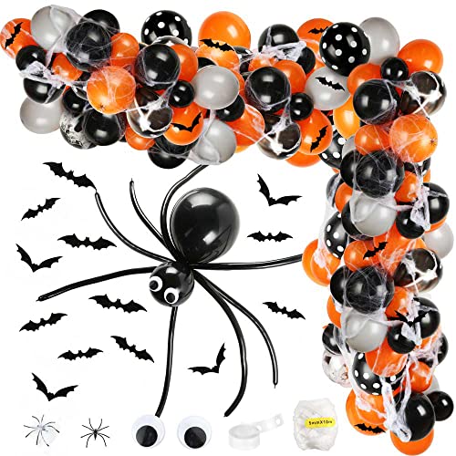 Aboofx 145 Pack Halloween Balloon Garland Arch Kit include Black Agate Marble Balloons, Black Polka Dot Balloons, Spider web and 3D Bat for Halloween Decoration