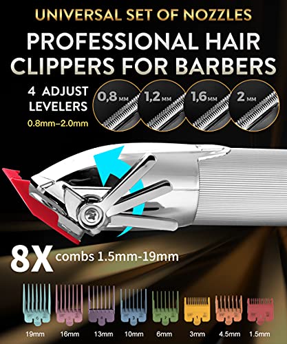 Hair Clippers for Men Professional Cordless Beard Trimmers Barbers Cutting Tools USB Rechargeable Personal Haircutting Kit Set with Whisper Quiet Operation(Silver)