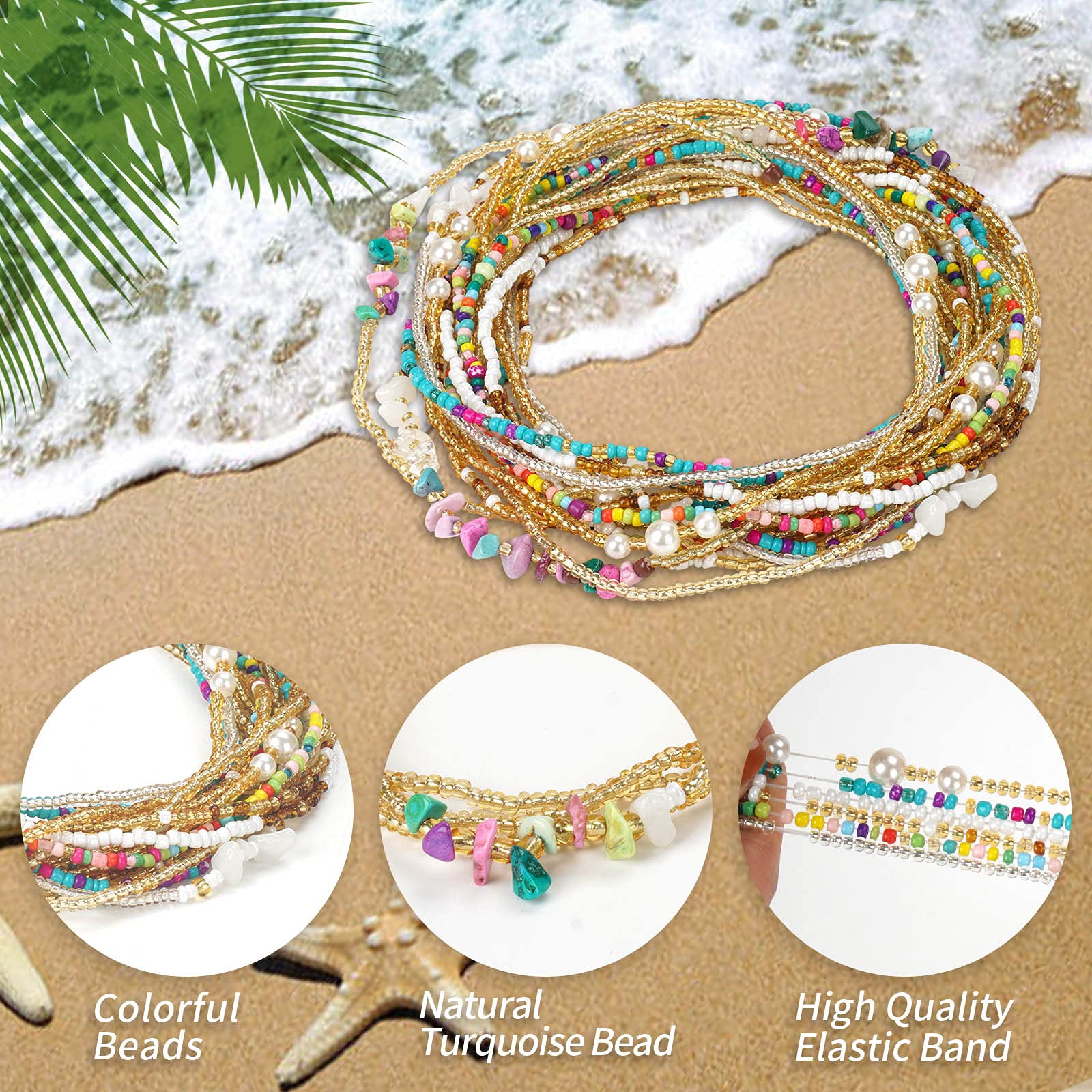 10PCS Waist Beads for Women with crystals,Summer Belly Body Chain African Stretchy Waist Jewellery, Size 31"-37"