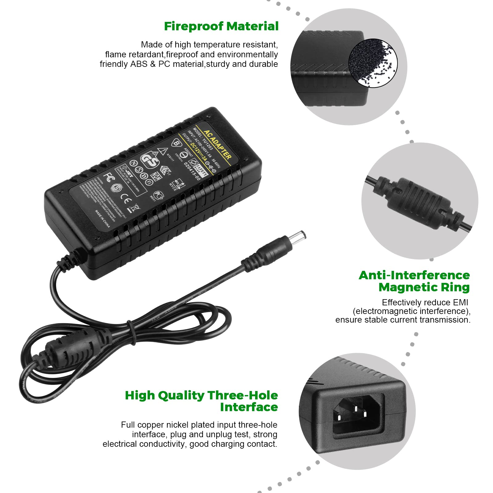 12V 3A Power Adapter - LeTaoXing AC 100-240V 50/60Hz to DC 12V 3A Switching Power Supply 5.5x2.5mm 12Volt Transformers 12V/3A Charger for 5050 3528 LED Strip CCTV Security System LCD Monitor