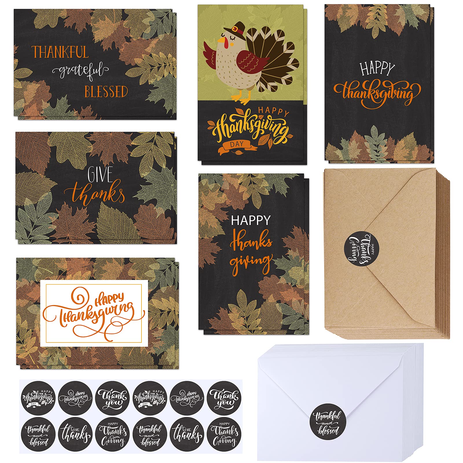 120 Sets Bulk Thanksgiving Cards with Envelopes Stickers Assortment 6 Designs Blank Vintage Fall Leaves Turkey Chalkboard Greeting Cards Blank Holiday Harvest Cards Give Thanks Cards 4x6