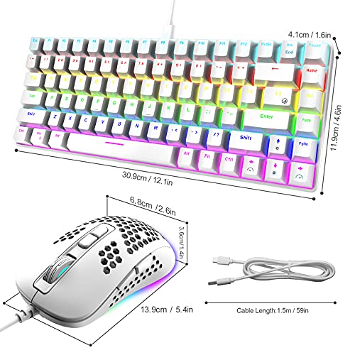 Mechanical Gaming Keyboard and Mouse Combo with 20 Rainbow Backlight 84 Key Anti-ghosting Ergonomic Waterproof Type-C Wired 2400 DPI Honeycomb Mice for PC Mac Gamer Computer Typist(White/Blue Switch)