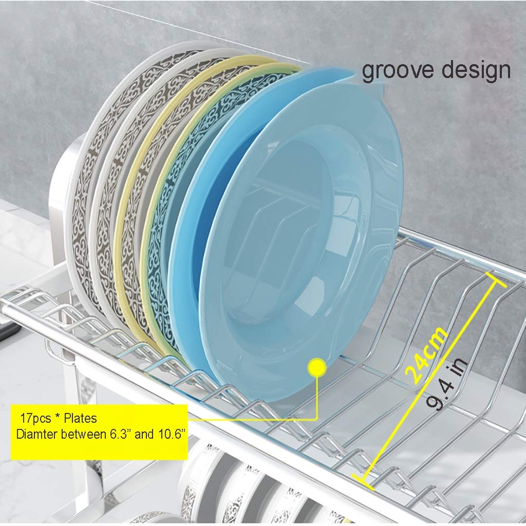 2-Tier Dish Rack, Colture Stainless Steel Dish Drying Rack with Utensil Holder and Drain Board Wine Glass Holder Easy-Storage Rustproof Kitchen Counter Dish Drainer Rack Organizer, Silver