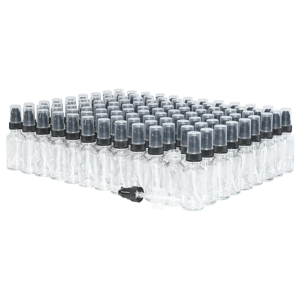 GlassBottleOutlet (Pack of 108) 1 oz. Clear Boston Round with Black Treatment Pump