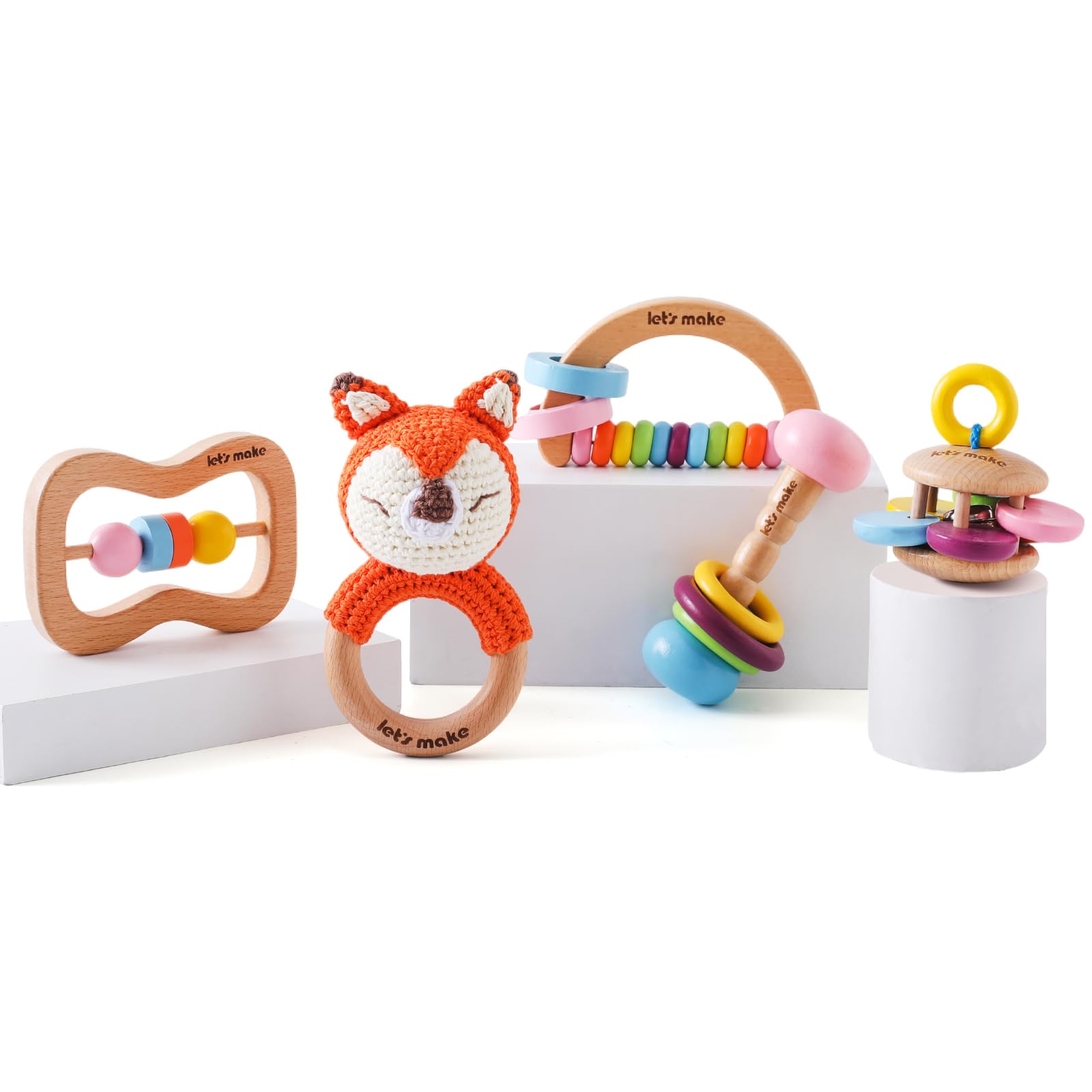 Baby Teething with Wooden Ring Beech Baby Teething Ring 5 PCS Wooden Ring Toy for Baby Wooden Teether with Gift Box