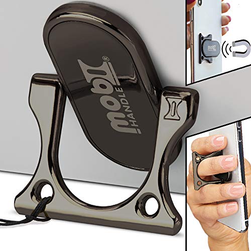 3 Finger Phone Ring Holder Kickstand - MOBI HANDLE Comfy Secure Grip, Scratch Resistant Durable Light Metal for Magnetic Car Mount or Stand, Gift Idea, w/Wrist Strap [Black]