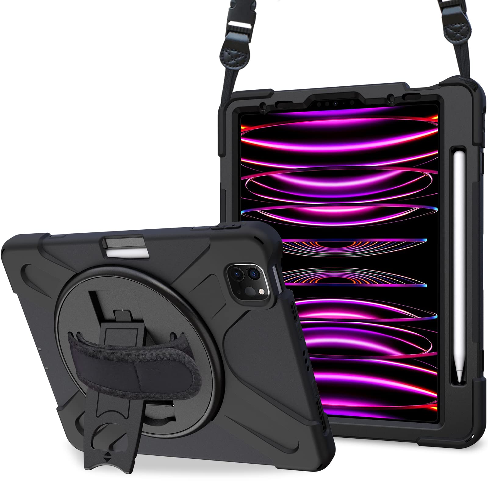 ProCase for iPad Pro 12.9 Inch Case 2022 2021 2020 2018, Rugged Heavy Duty Shockproof Cover with Hand Strap Shoulder Strap for iPad Pro 12.9" 6th 5th 4th 3rd Generation –Black