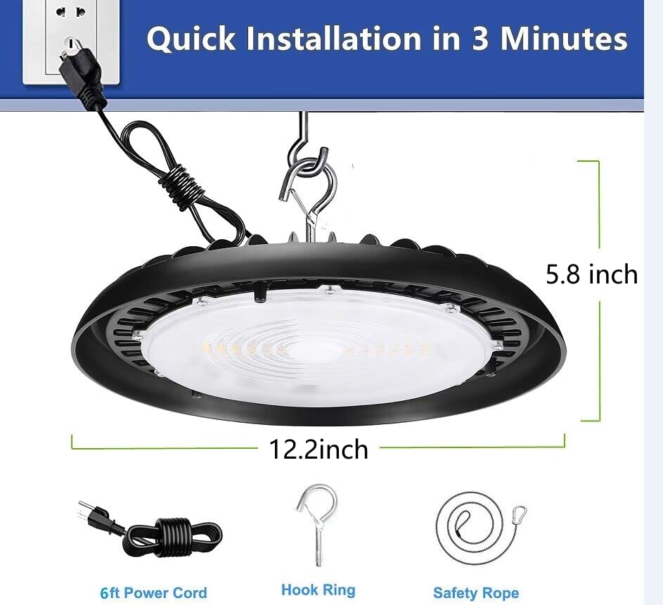 2 Pack LED High Bay Light with US Plug 6FT Cable, 120V 200W 26000LM 5000K Daylight, 800W-1000W HID/HPS Equivalent, UL IP65 Commercial Warehouse Lighting for Workshop,Garage, Gym,Factory, Non-Dim