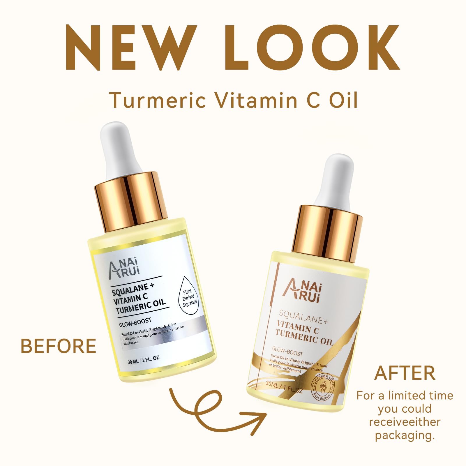ANAI RUI Squalane Vitamin C Turmeric Facial Oil Moisturizer for Face, Hydrates, Firms Skin, 1fl.Oz.