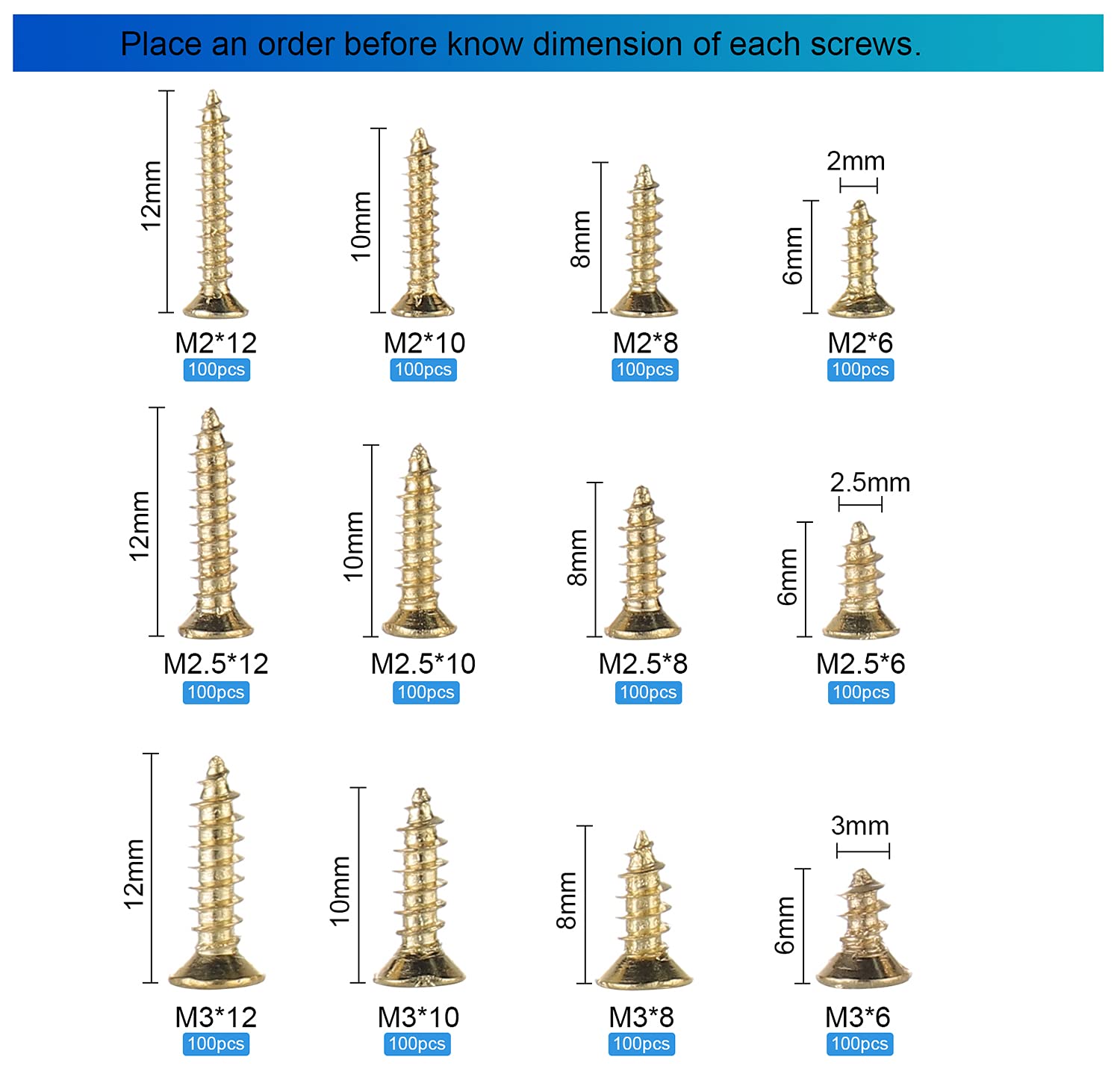HanTof 1200Pcs Tiny Phillips Flat Head Self Tapping Screws for Wood, Plastic and Soft Metal. M2 M2.5 M3 Small Countersunk Tapper Screws Set for DIY Micro Woodworking Furniture Box. Golden,Carbon Steel