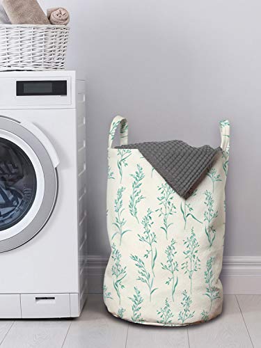 Ambesonne Floral Laundry Bag, Floral Pattern Moderate Essential Botanical Herbs Flower Plants Fresh Twigs Theme, Hamper Basket with Handles Drawstring Closure for Laundromats, 13" x 19", Green Cream