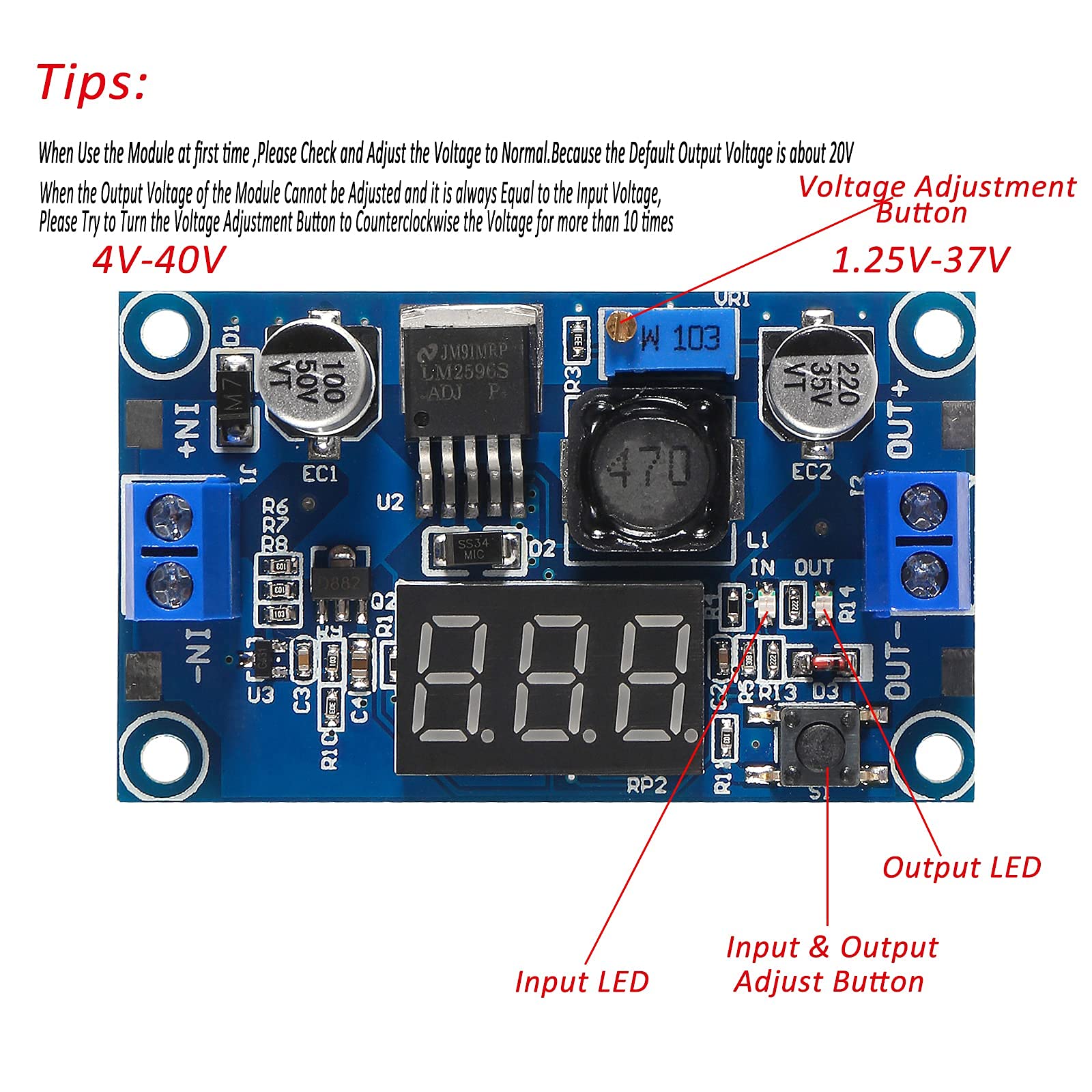 AEDIKO 8pcs LM2596 Buck Converter DC-DC LM2596S Voltmeter Buck Converter Step-Down Regulator 4.0-40V to 1.25-37V DC 36V to 24V to 12V to 5V Power Supply Module with LED Display