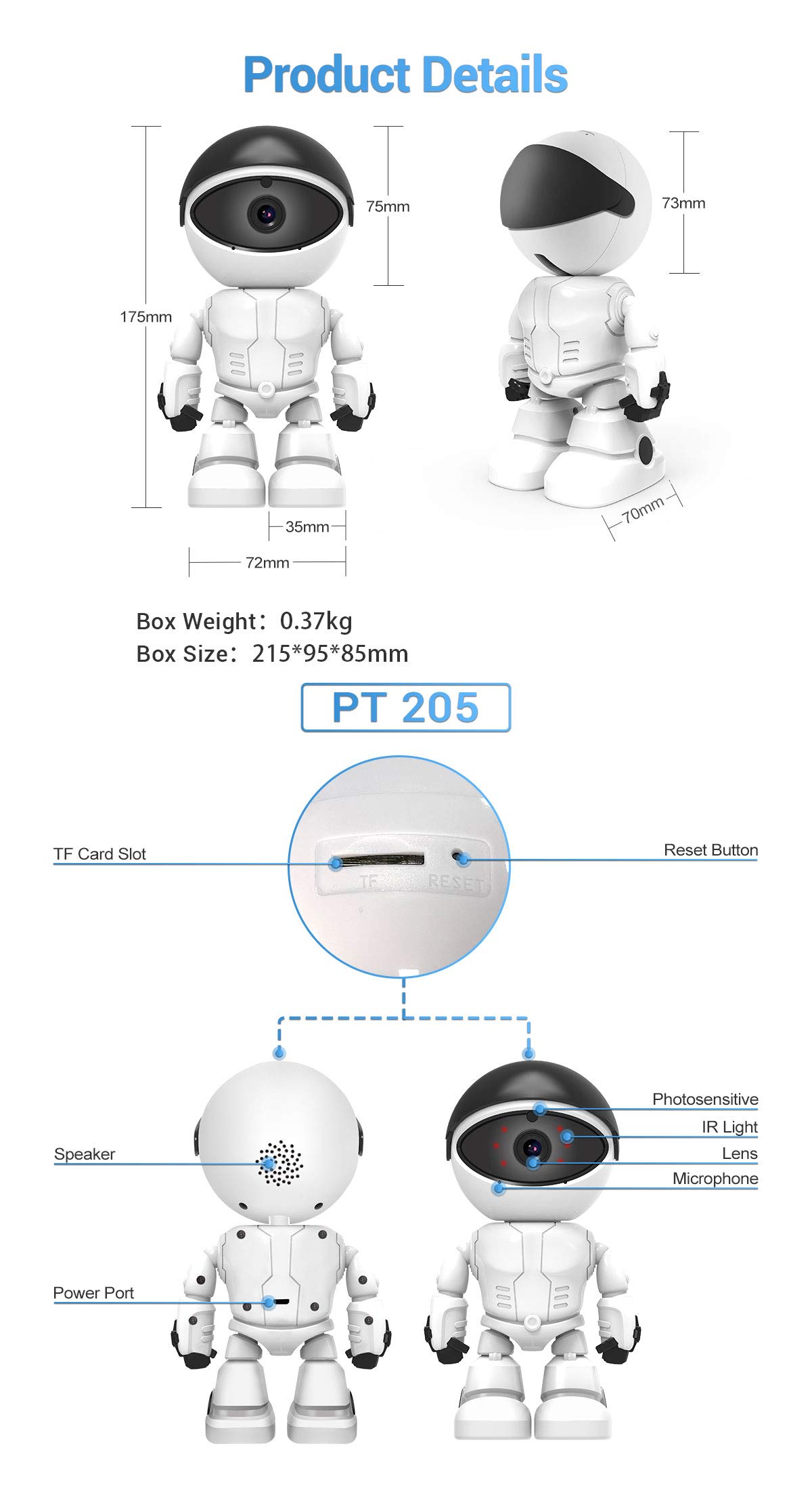 2MP 1080P HD 2.8MM Lens Security Robot Camera WiFi Wireless IR 10M Motion Detection Auto Tracking Built-in Microphone AI Humanoid Detection PTZ IP Camera Day/Night Vision