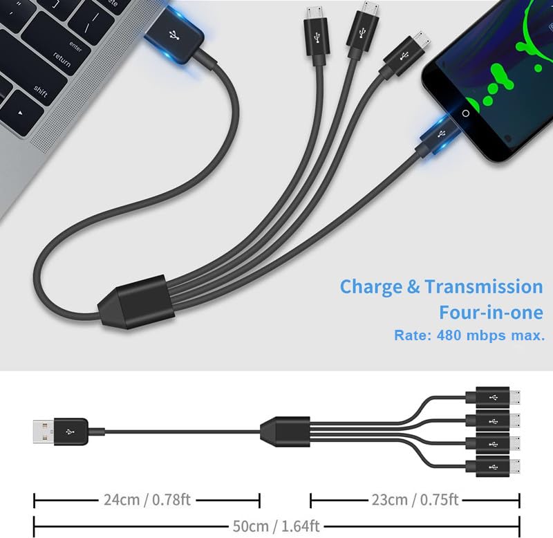 Vrllinking USB A to USB Micro Charging Cable, 4 in 1 Multi Charger Cable Micro USB Splitter Cable 4 Ports Micro USB 2.0 Male to Male Charging Cord 4 Connectors(Black 0.5M)