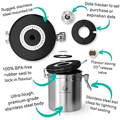 Coffee Gator Coffee Canister Duo Stainless Steel Coffee Container - Fresher Beans and Grounds for Longer - Date-Tracker, CO2-Release Valve and Measuring Scoop - Large & Small, Silver