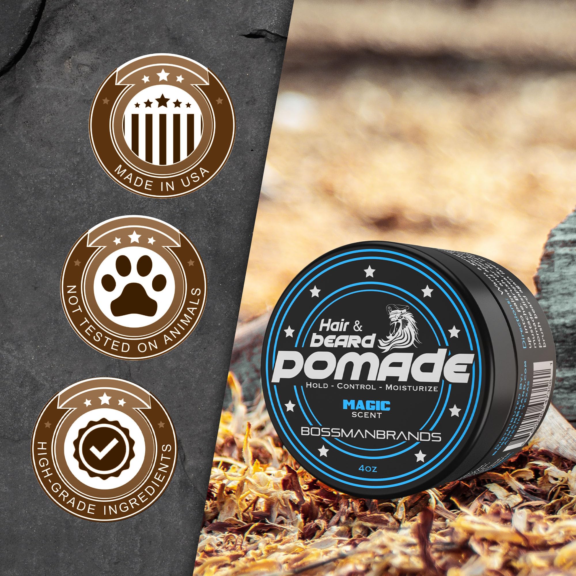 Bossman Hair & Beard Pomade - All Day Hold, Control and Moisturizing Hair, Beard and Moustache Styling Product - Natural Strong Hold Pomade - Made in USA (Magic Scent)