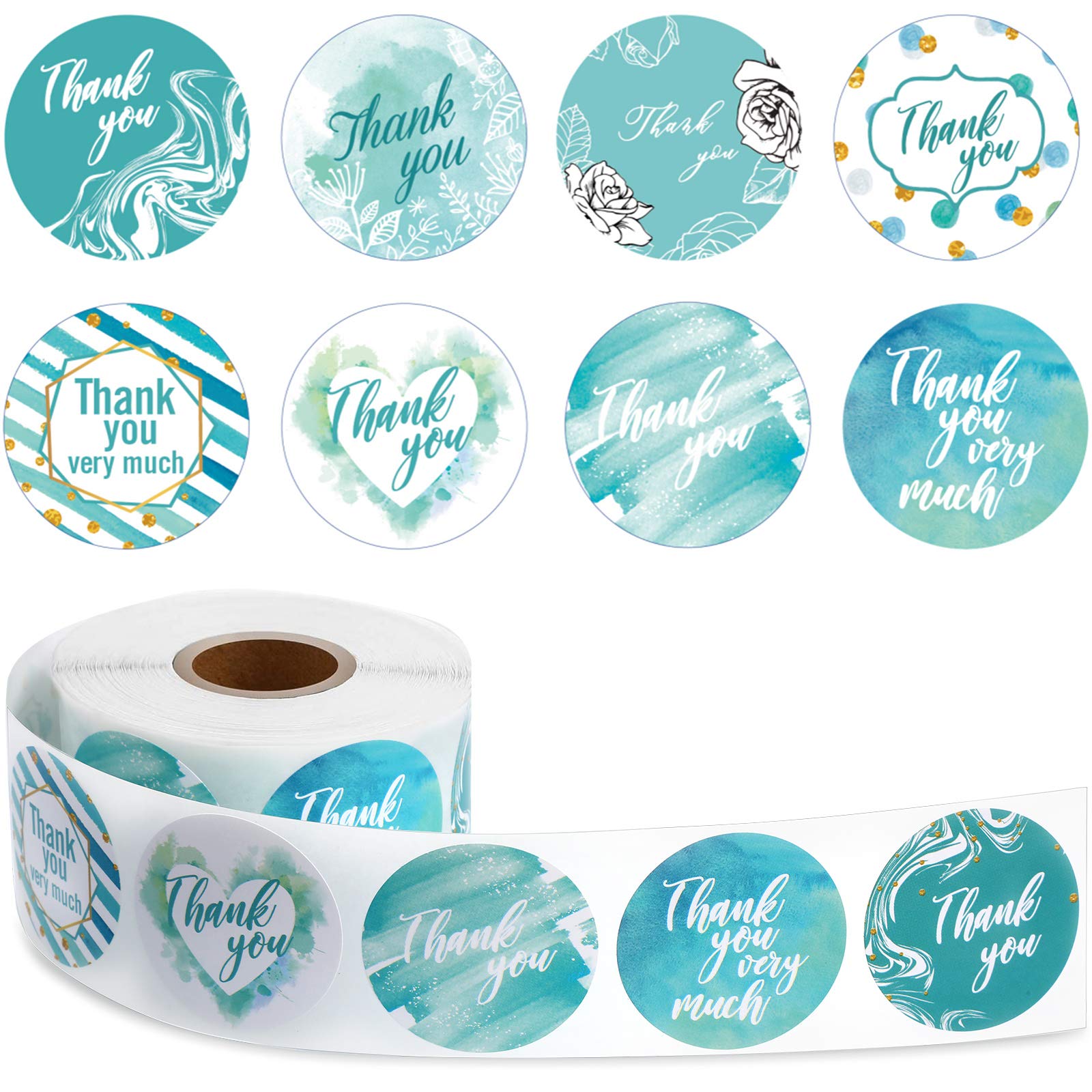 600 Pieces Thank You Roll Stickers Blue Watercolor Thank You Adhesive Stickers Business 1.5 Inch Thank You Envelope Sealing Stickers for Business Bridal Baby Shower Wedding, 8 Designs