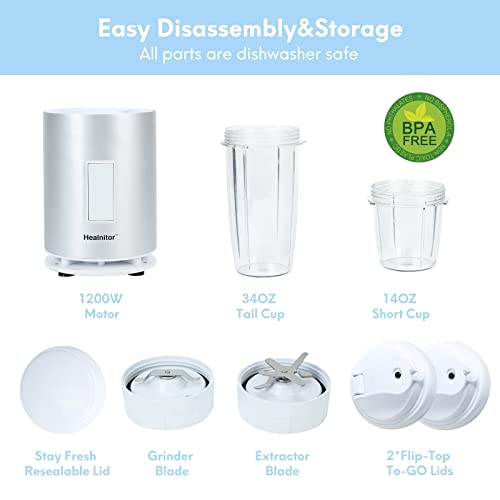 1200W Aluminum 3-Speed Juicer for Shakes and Smoothies, Healnitor Large Size Mixer with Blending and Juicing for Kitchen, Silver