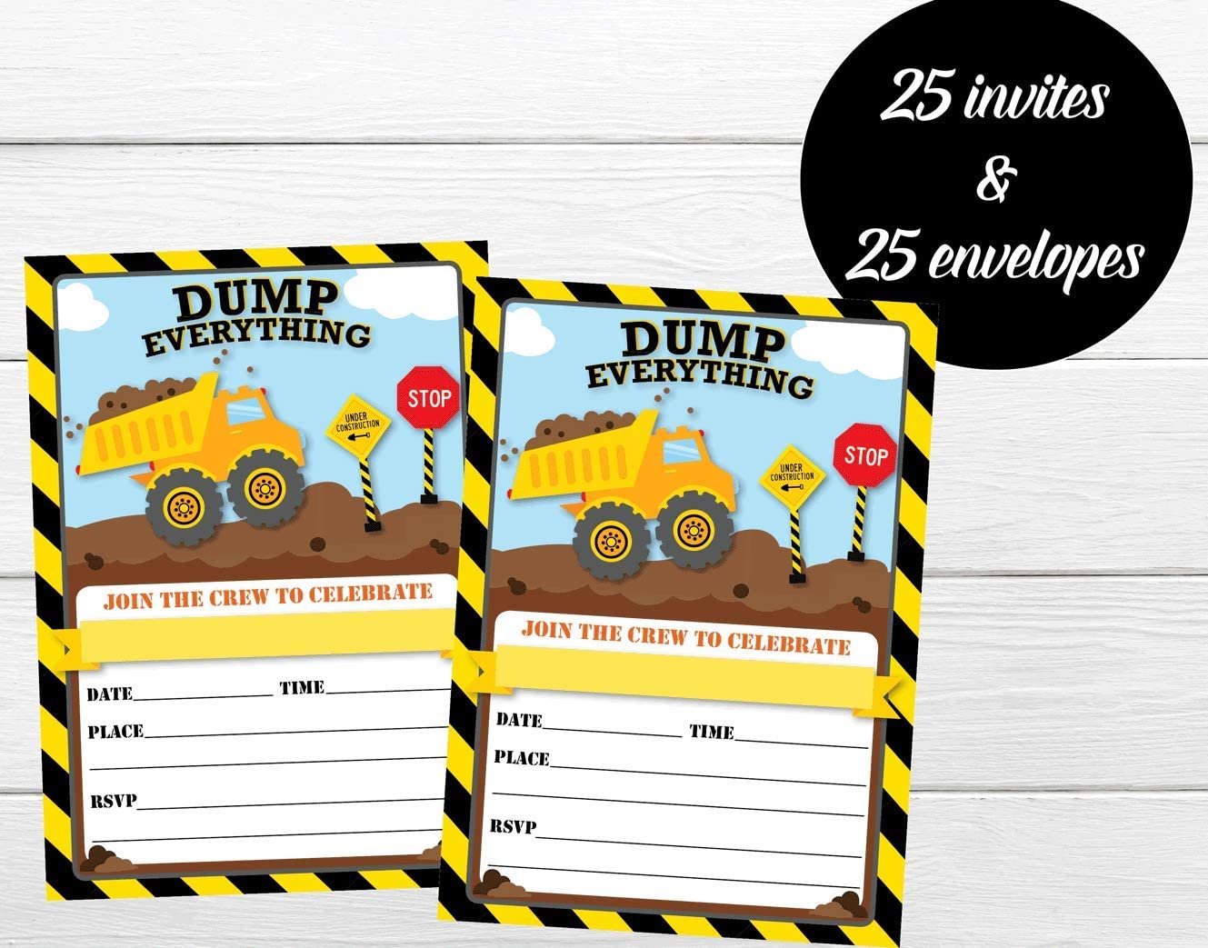 25 Construction Invitations and Envelopes (Large Size 5x7) (25 Pack)