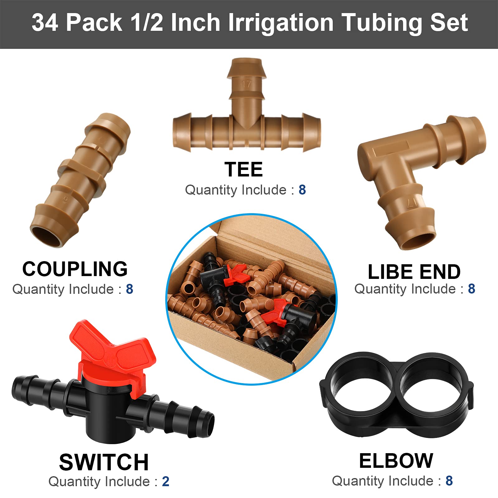 34 Pieces Drip Irrigation Fitting Kit 1/2 Inch Tubing Set, 2 Switch, 8 Tee, 8 Coupling, 8 Elbow and 8 End Cap Plastic Plug, Drip Irrigation Barbed Connector for Compatible Drip or Sprinkler System