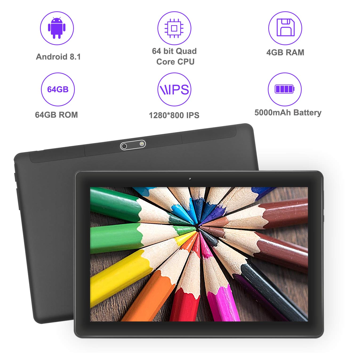10 inch Android 9.0 Tablet Pad Dual SIM Card Slot 2.5D Curved Glass Touch Screen 4GB RAM 64GB ROM 3G Phablet Built-in Bluetooth WiFi GPS Tablets (Metallic Black)