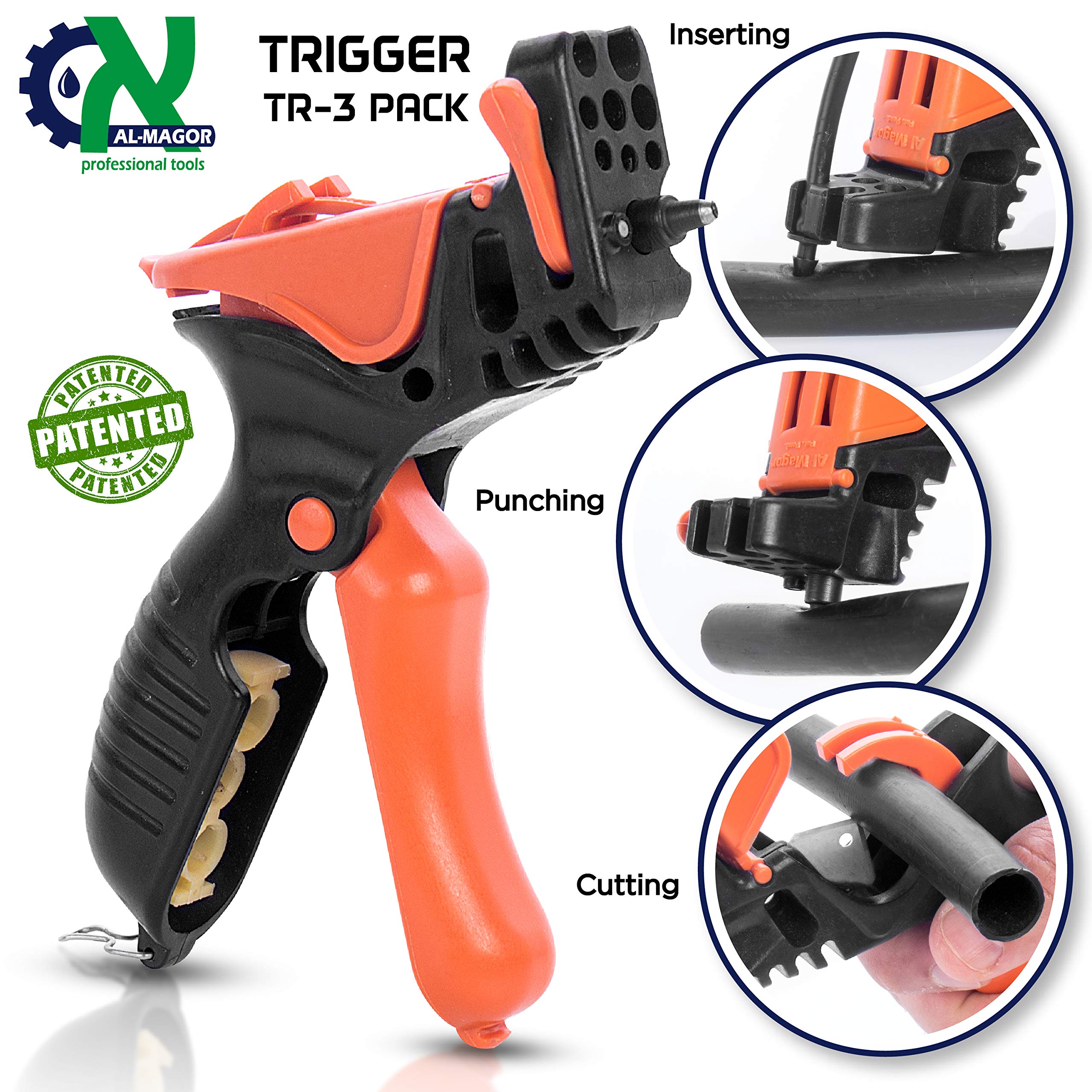 AL-MAGOR Trigger TR-3, 3 in 1 Garden Drip Irrigation Hole Punch Tool Multitask Punching Cutting Inserting Drip Irrigation Tool, 3mm Punch Tip, Blade for Cutting, Insertion Tool for Dripper 350030-P