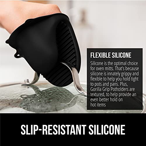 Gorilla Grip Heat and Slip Resistant Silicone Mini Potholders Mitts, Oven Mitt Gloves, BPA-Free, Textured Design, Better Grip, Hot Plate Holder, Kitchen Finger Grips, Cooking, Waterproof 2 Set, Black